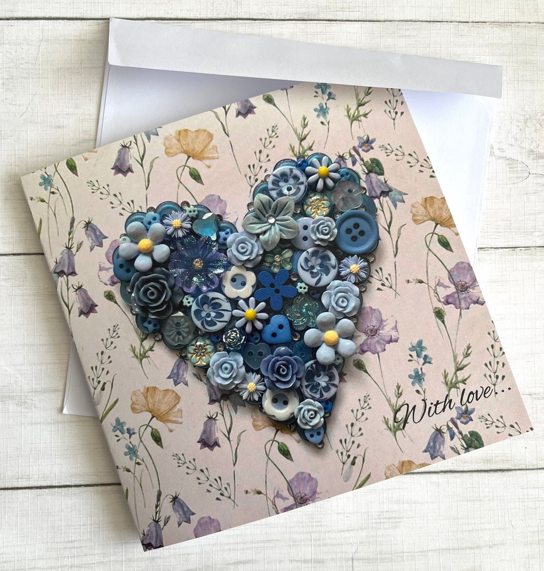 PRINTED Blue Floral Heart Card, Glossy With Love Card, Flat Printed ...