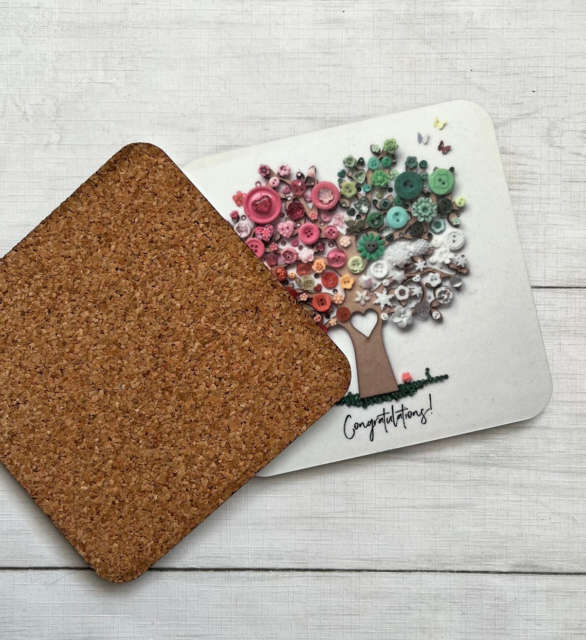 PRINTED (not 3D) Congratulations Tree Art Coaster, Cork Backed Coaster ...