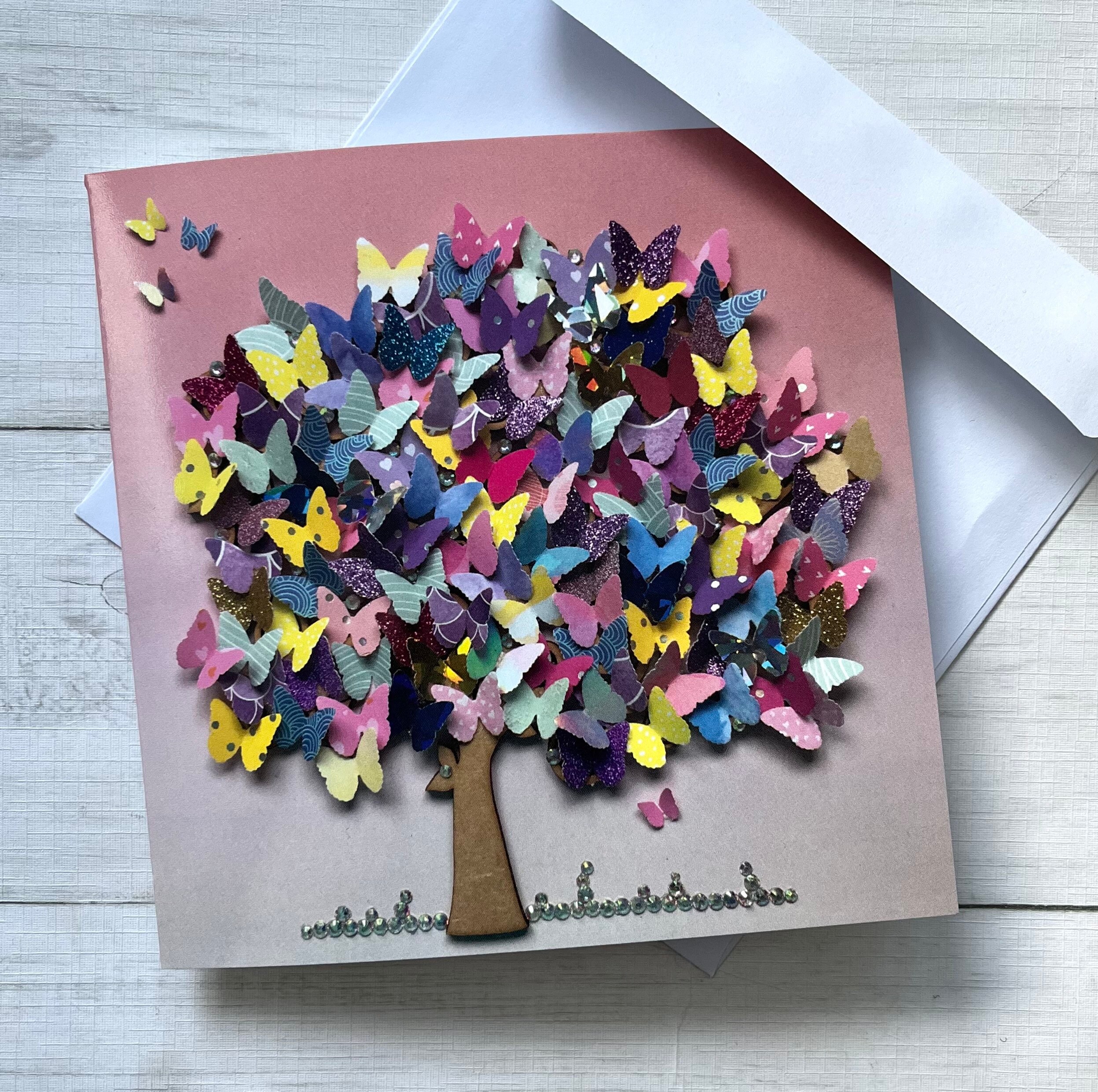 PRINTED (A) Set of 4 Butterfly Tree Cards, 14x14cm Tree Art Card Set ...