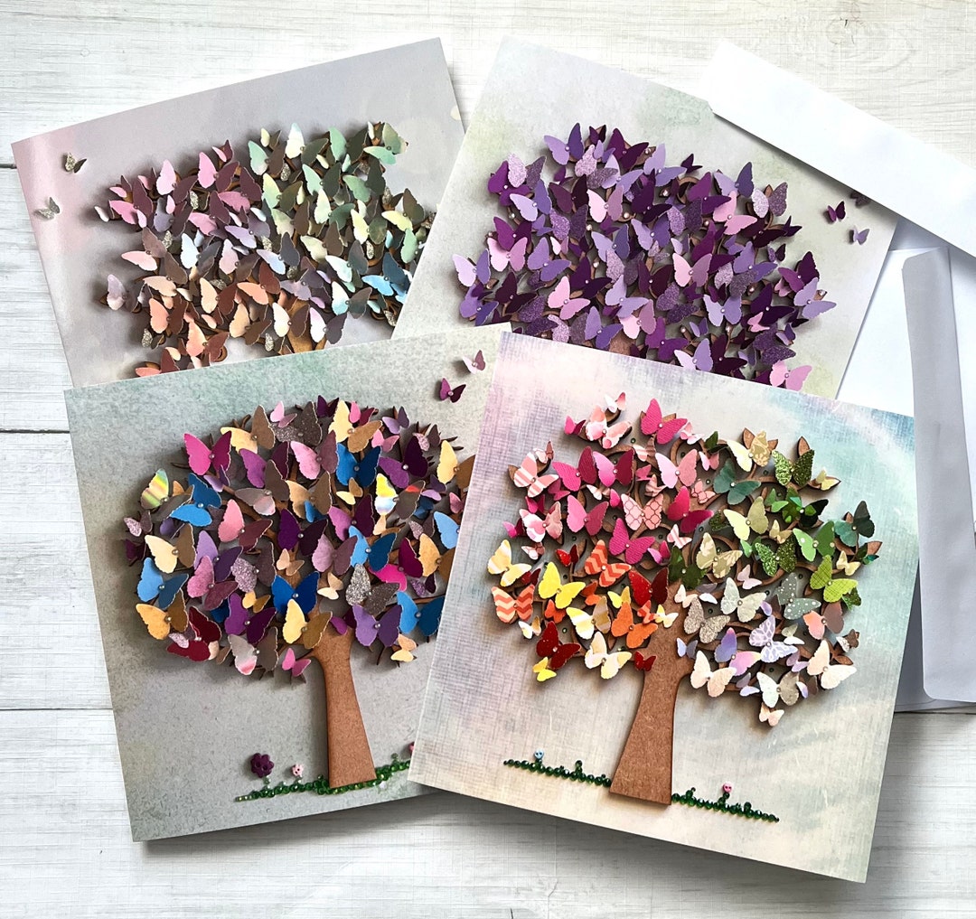 PRINTED (C) Set of 4 Butterfly Tree Cards, 14x14cm Tree Art Card Set ...