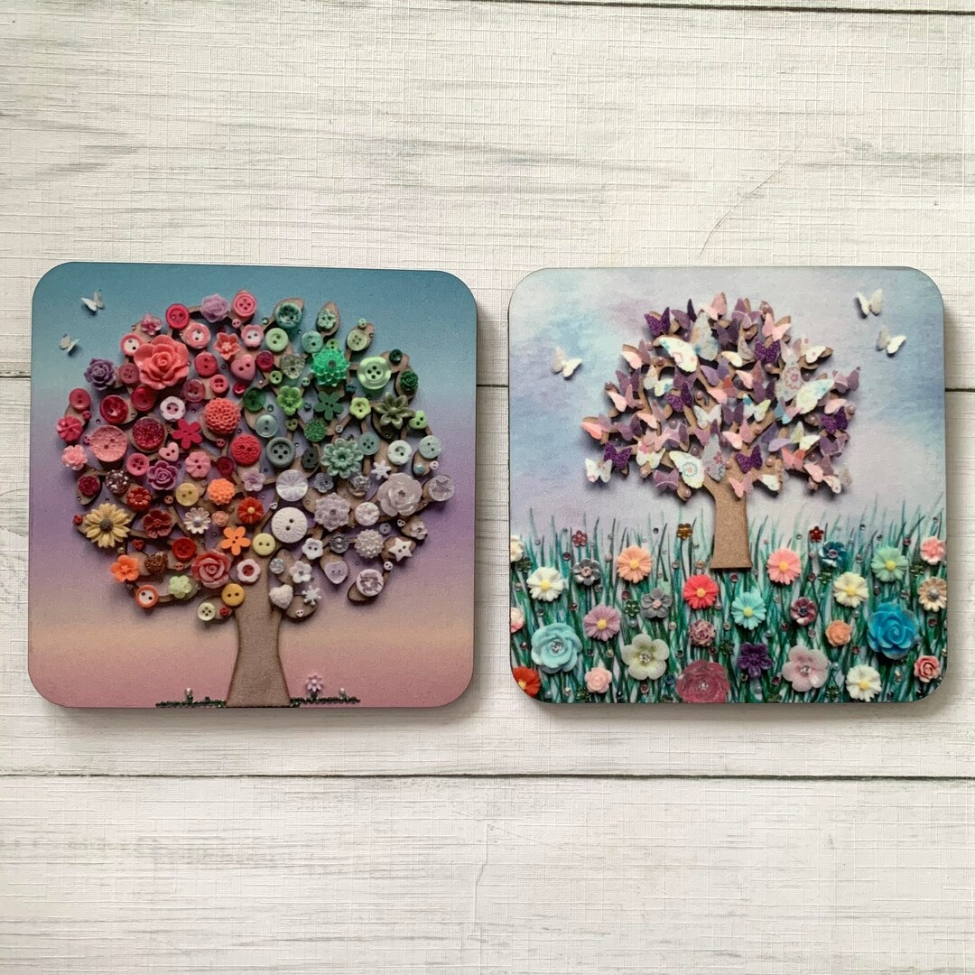PRINTED Individual Tree Art Coasters, Original Art Coasters, Round Tree ...