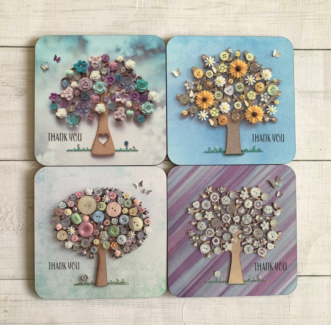 PRINTED Individual Thank You Tree Art Coasters, Tree Art Drinks Mat ...