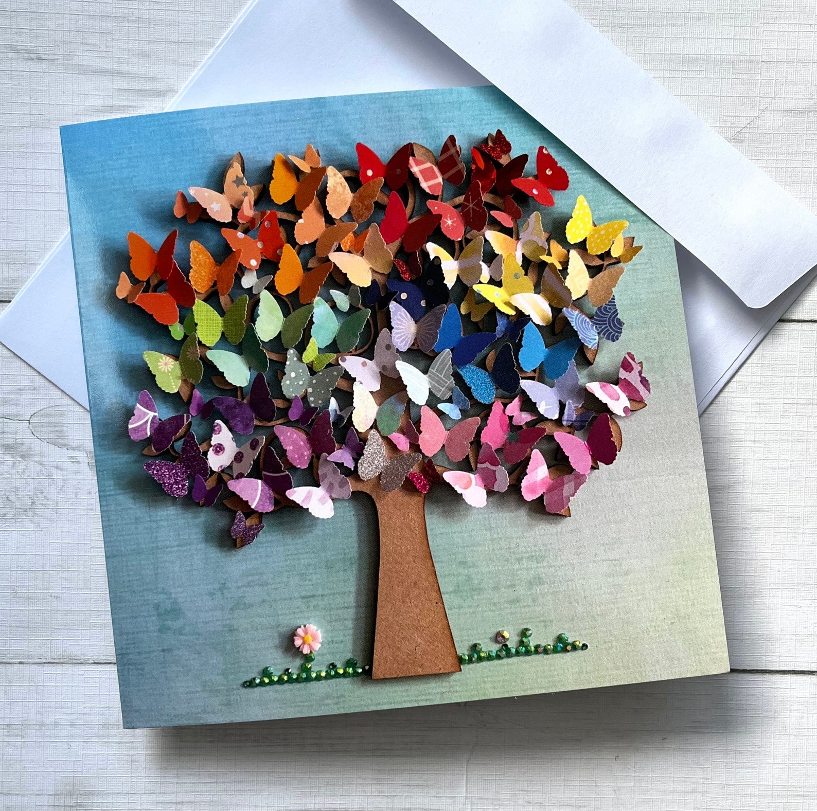 PRINTED (A) Set of 4 Butterfly Tree Cards, 14x14cm Tree Art Card Set ...