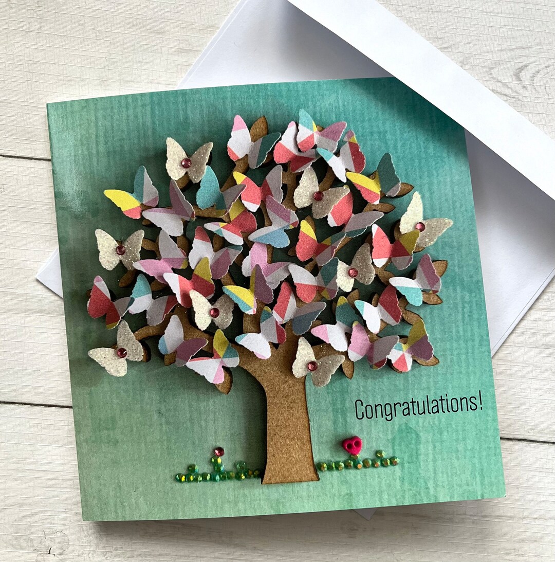 PRINTED Congratulations Tree Art Card, Butterfly Tree Greeting Card ...