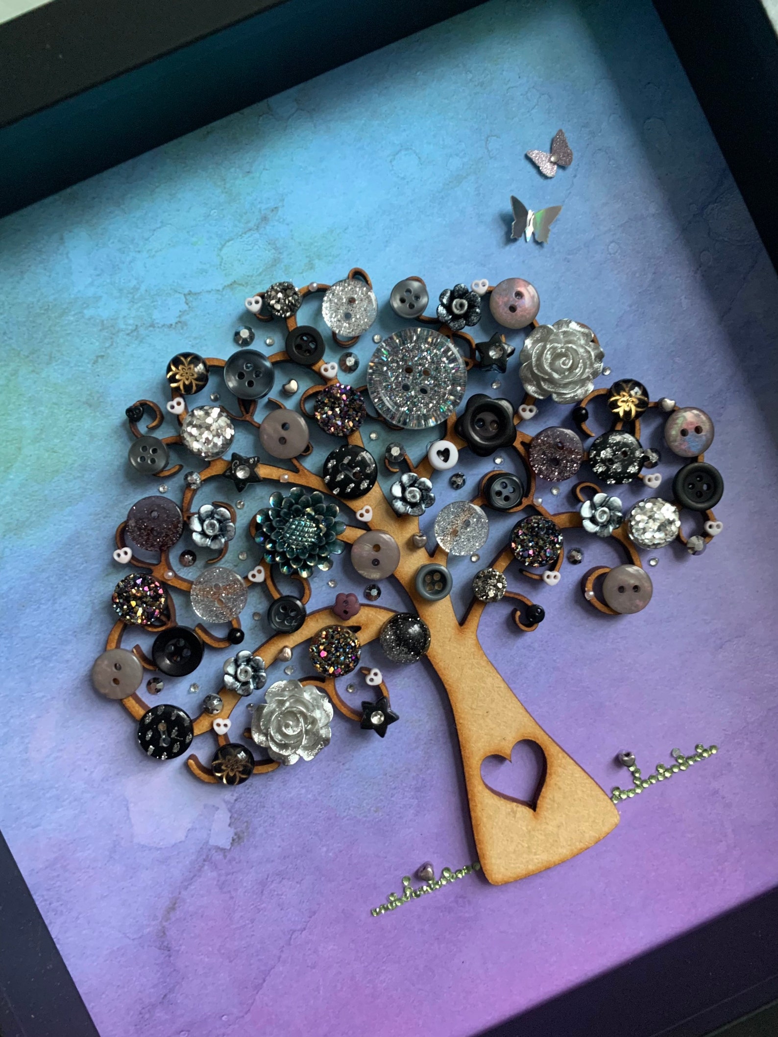 The Black Button Tree, Button Art, Tree Frame Gift, Black and Silver ...