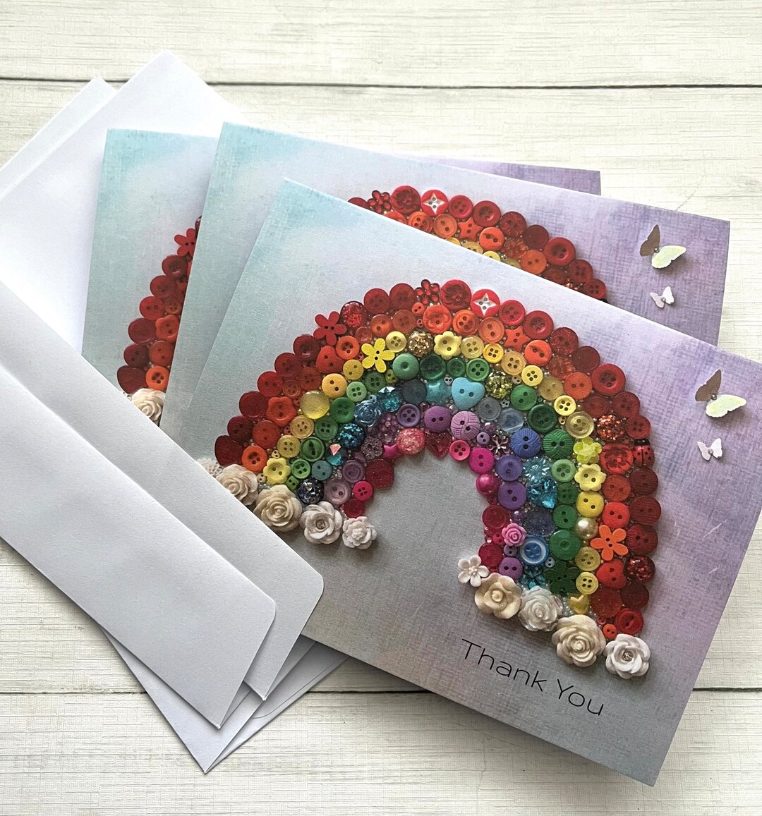 PRINTED Set of 3 Rainbow Thank You Notecards, Rainbow Art Thank You ...