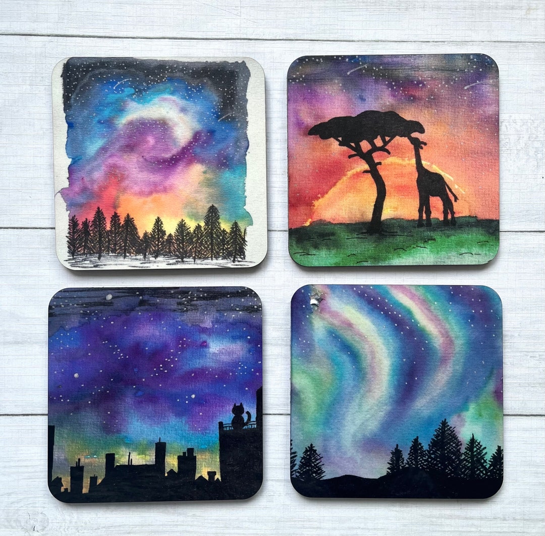 PRINTED Individual Watercolour Coasters, Art Coasters, Love to the Moon ...