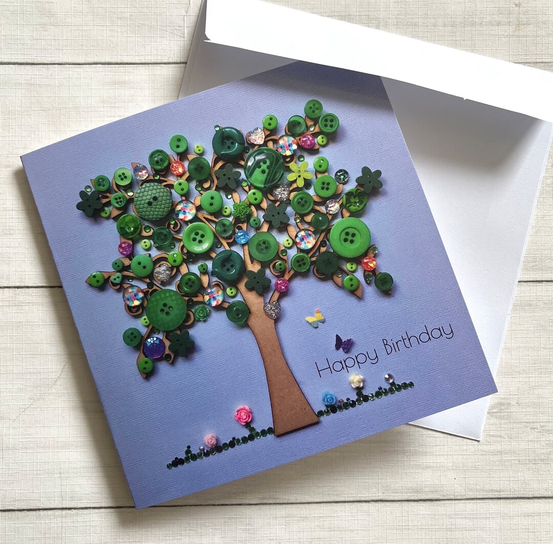 PRINTED Birthday Tree Art Cards, Flat Birthday Card, Green Tree Art ...