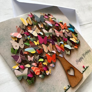 PRINTED Birthday Butterfly Tree Cards, Flat Birthday Cards, Multicolour ...