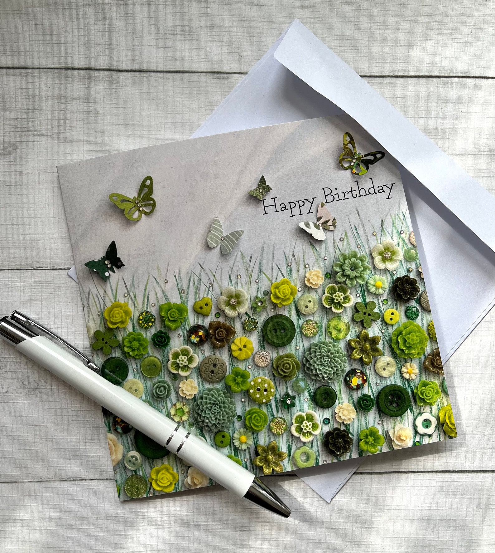 PRINTED (not 3D) Birthday Floral Cards, Flat Birthday Card, Green ...