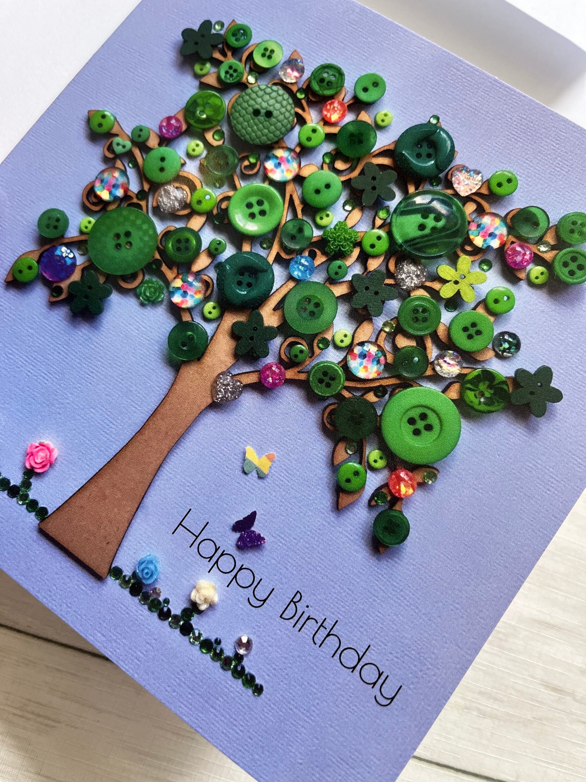 PRINTED Birthday Tree Art Cards, Flat Birthday Card, Green Tree Art ...