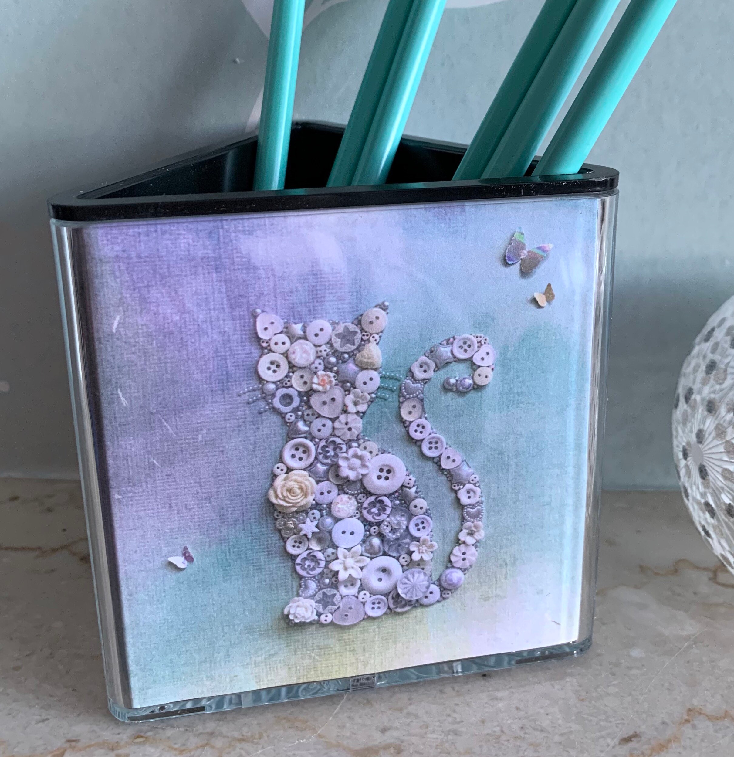 Home & Living PRINTED White Cat Art Pen Holder Cat Lover Stationary ...