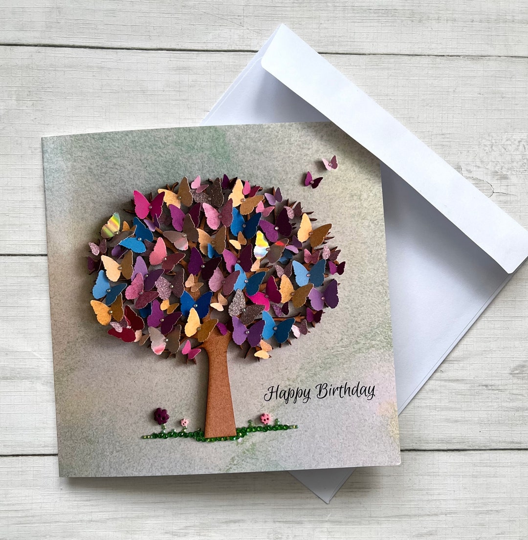 PRINTED Birthday Butterfly Tree Cards, Flat Birthday Cards, Colourful ...