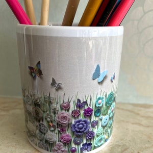 PRINTED Teal and Purple Flower Meadow Pen Holder, Ceramic Round Pen ...