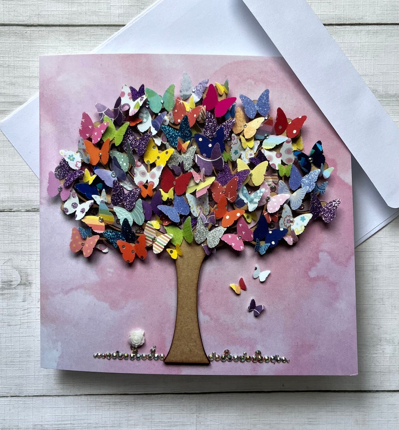 PRINTED (B) Set of 4 Butterfly Tree Cards, 14x14cm Tree Art Card Set ...