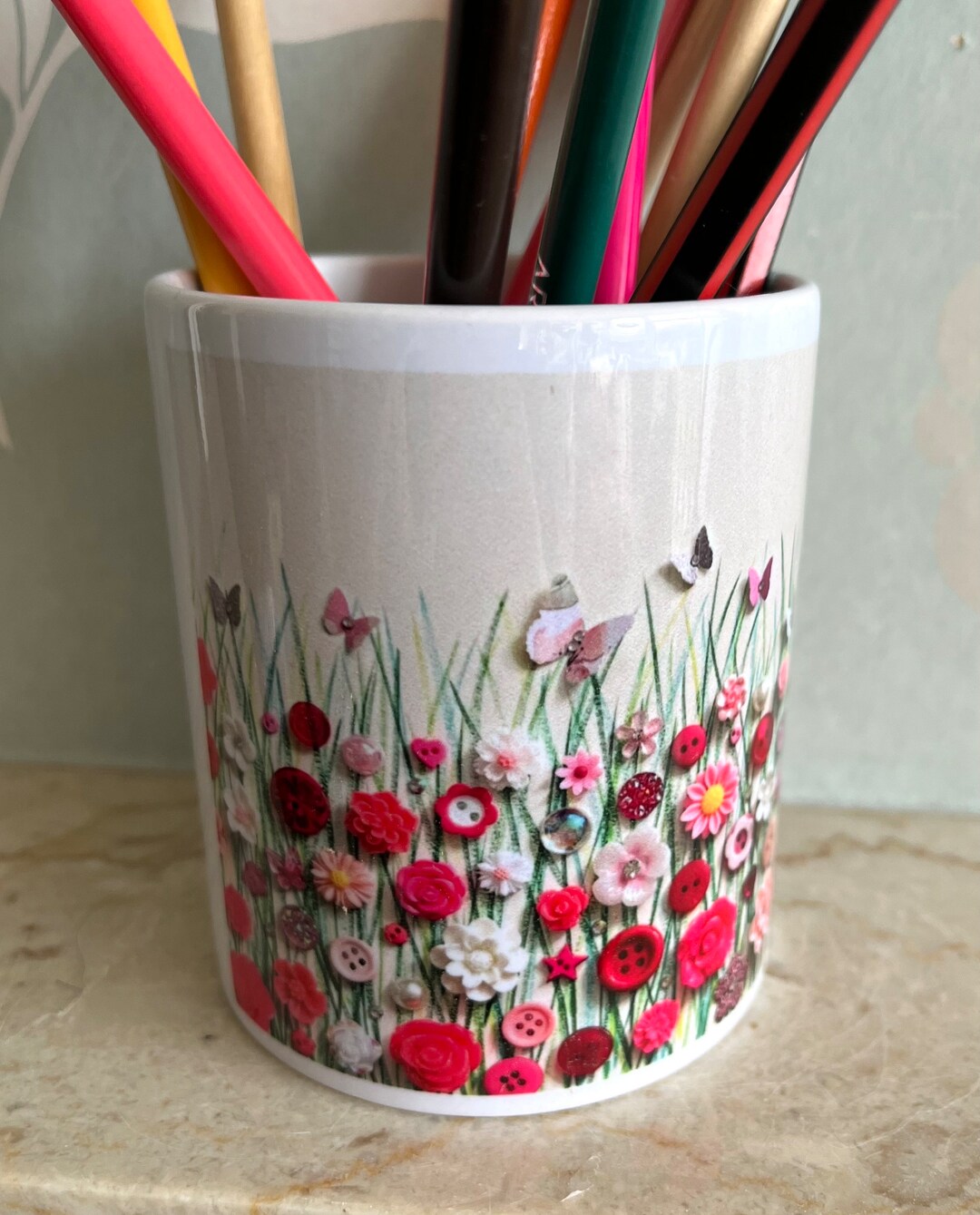 PRINTED Pink Flower Meadow Pen Holder, Ceramic Round Pen Storage Pot ...