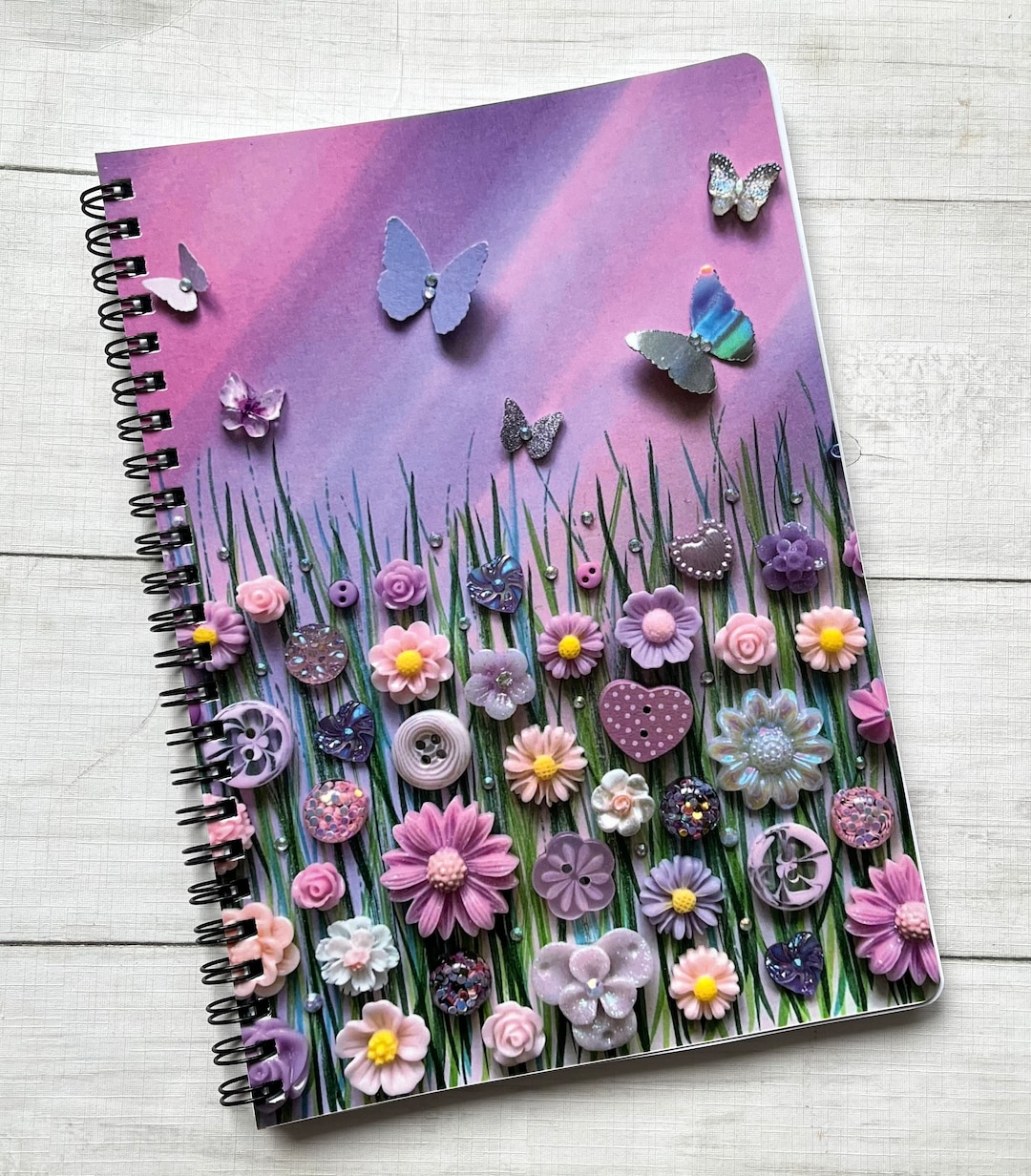 PRINTED Pink Sky Flower Art Spiral Notebook, Meadow Theme Gift, Floral ...