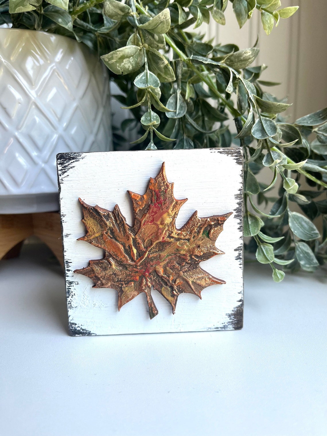 Leaf Shelf Sitter, Fall Art, Fall Decor, Texture Painted Fall, Leaf Art ...