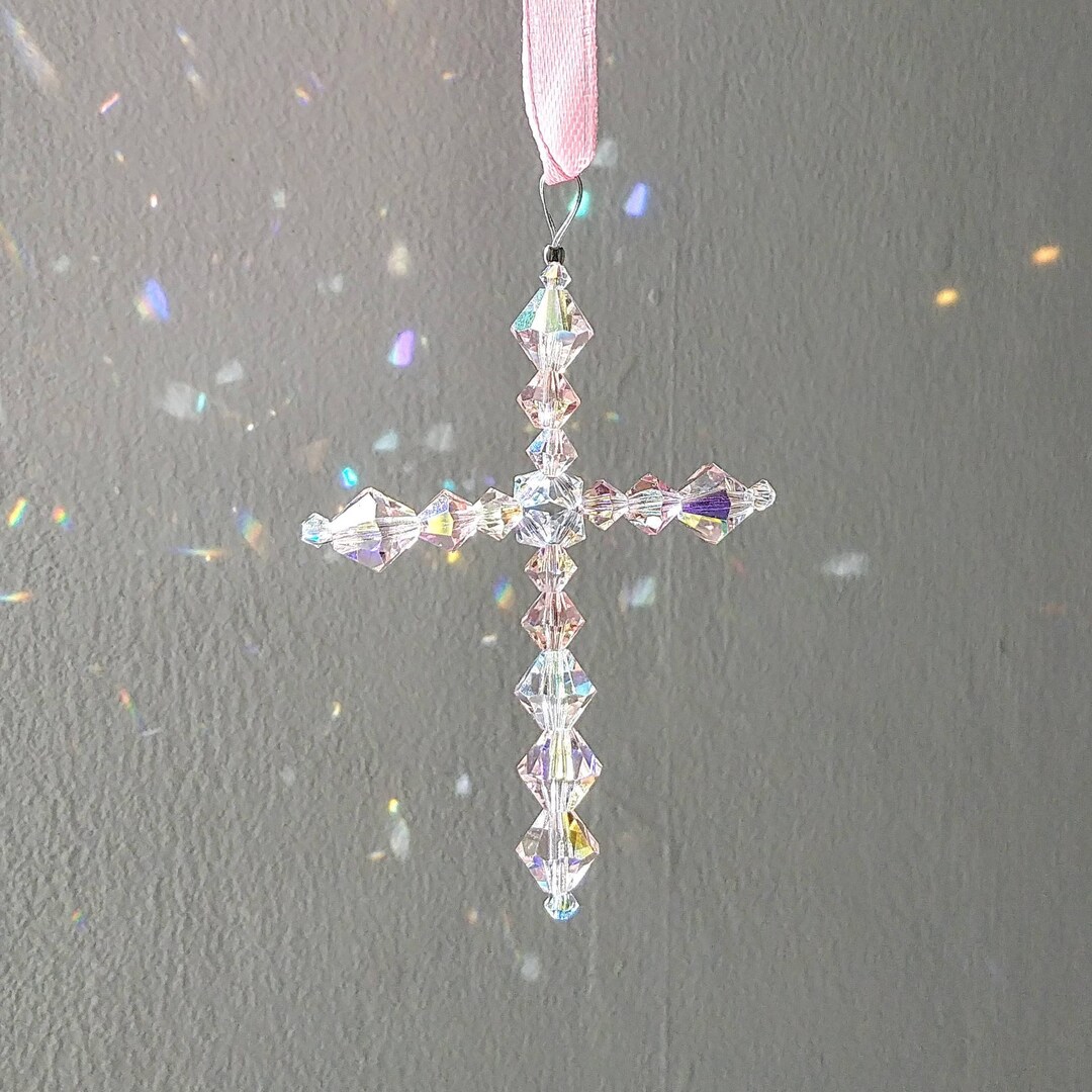 Light Pink Austrian Crystal Cross Rear View Car Charm Cross Suncatcher ...