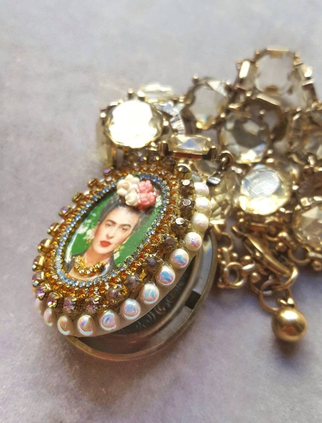 Statement Locket Necklace, Frida Kahlo Jewelry, Crystal Necklace ...