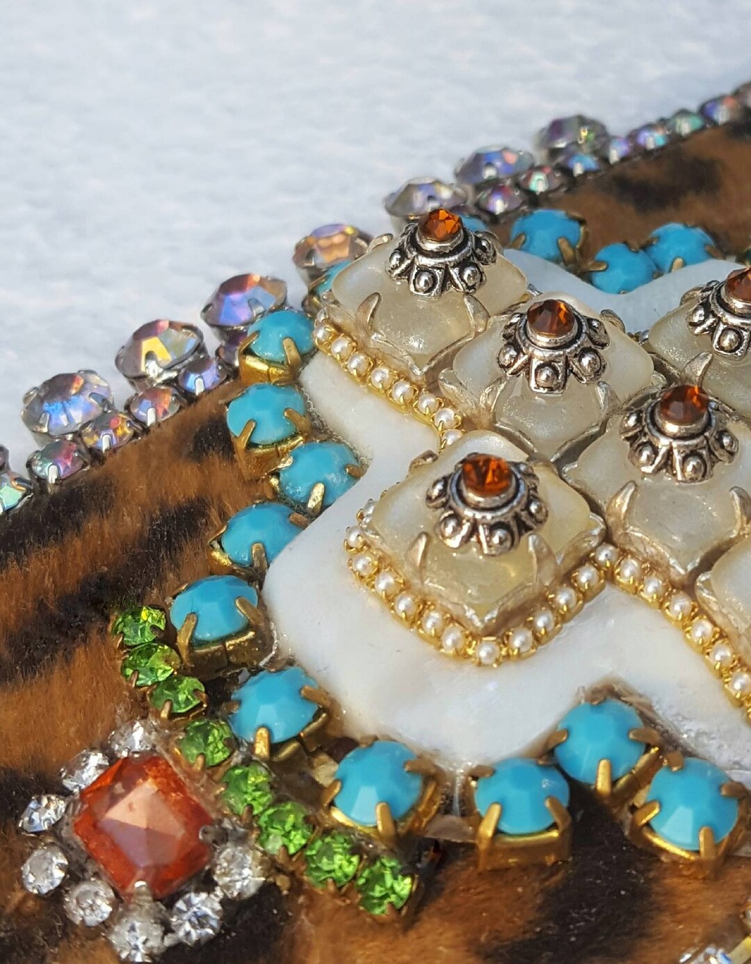 Animal print fur cuff bracelet, statement bohemian bracelet, bohemian ...