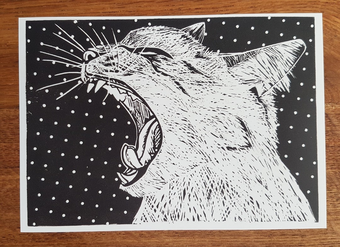 Postcard Linoleum Print Cat Black and White A6 - Etsy