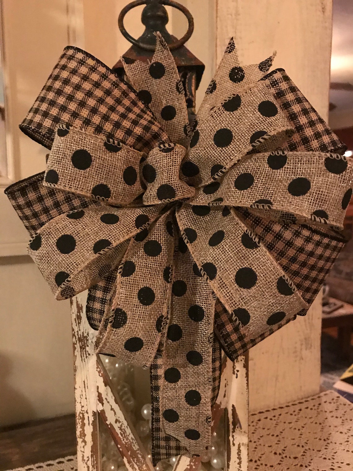 Black and Tan Plaid Bow for Wreath Polka Dot Ribbon Bow for - Etsy