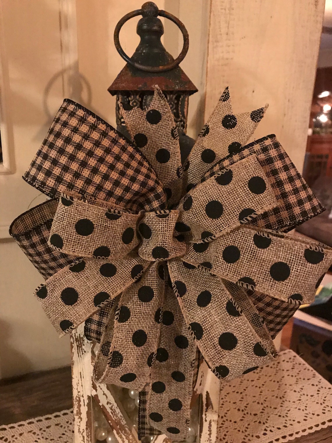 Black and Tan Plaid Bow for Wreath Polka Dot Ribbon Bow for - Etsy