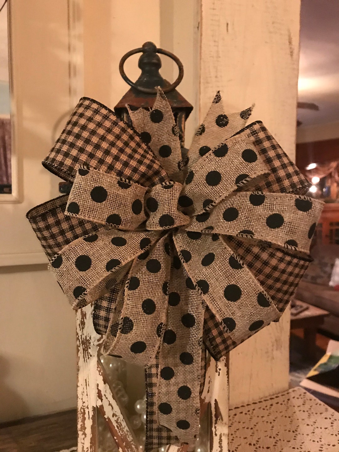 Black and Tan Plaid Bow for Wreath Polka Dot Ribbon Bow for - Etsy