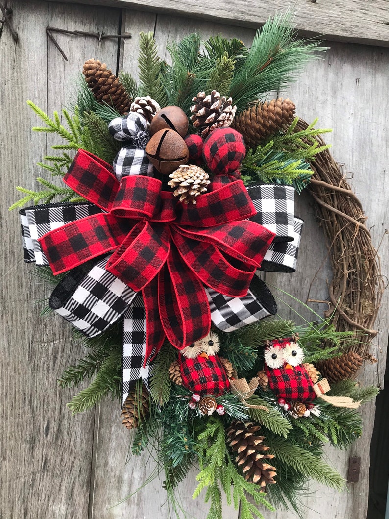 Beautifully Elegant Buffalo Plaid With Owls Winter Grapevine Wreath for ...