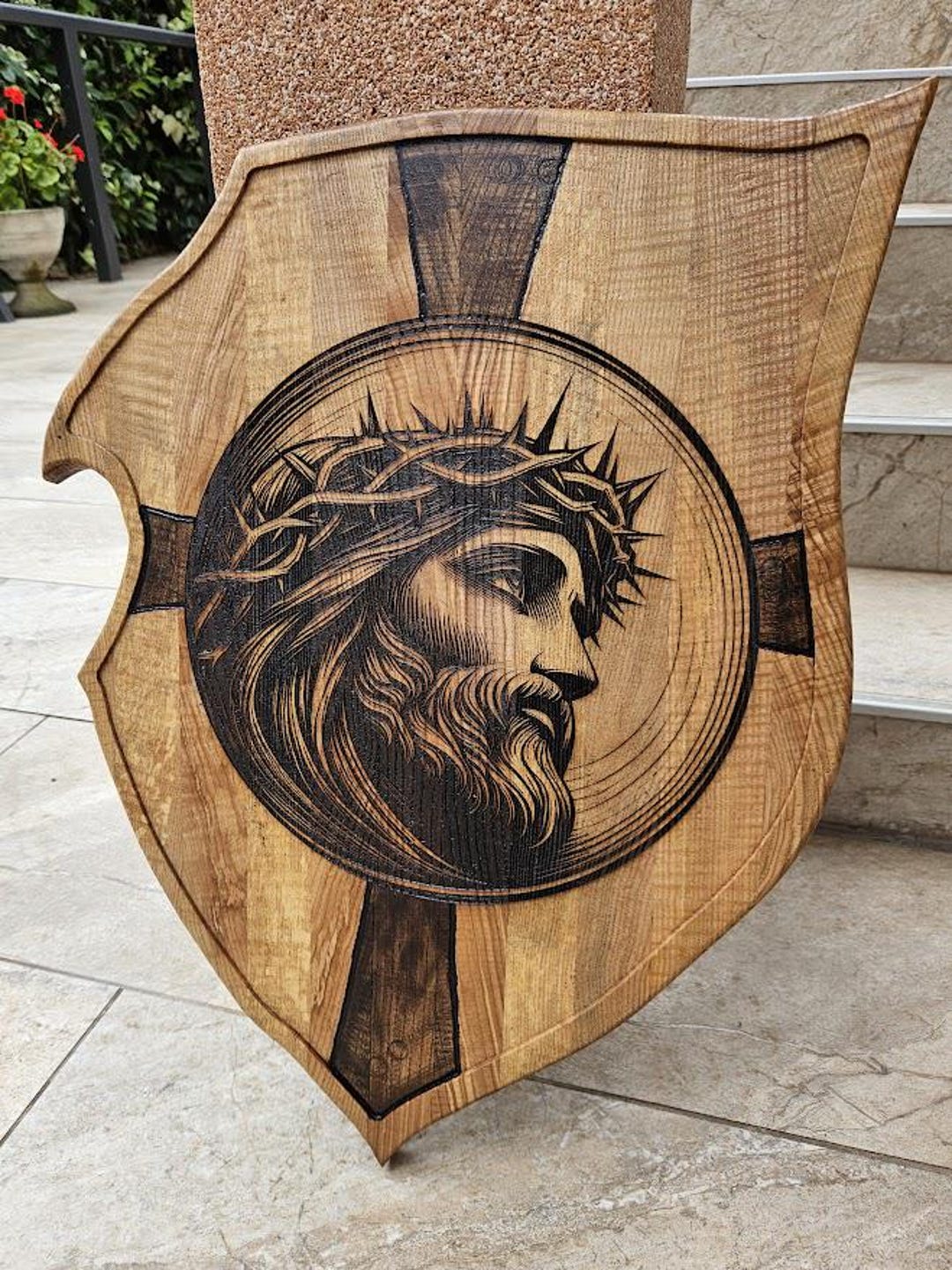 Hand-carved Ash Wood Shield: Jesus Christ Religious Wall Art - Etsy