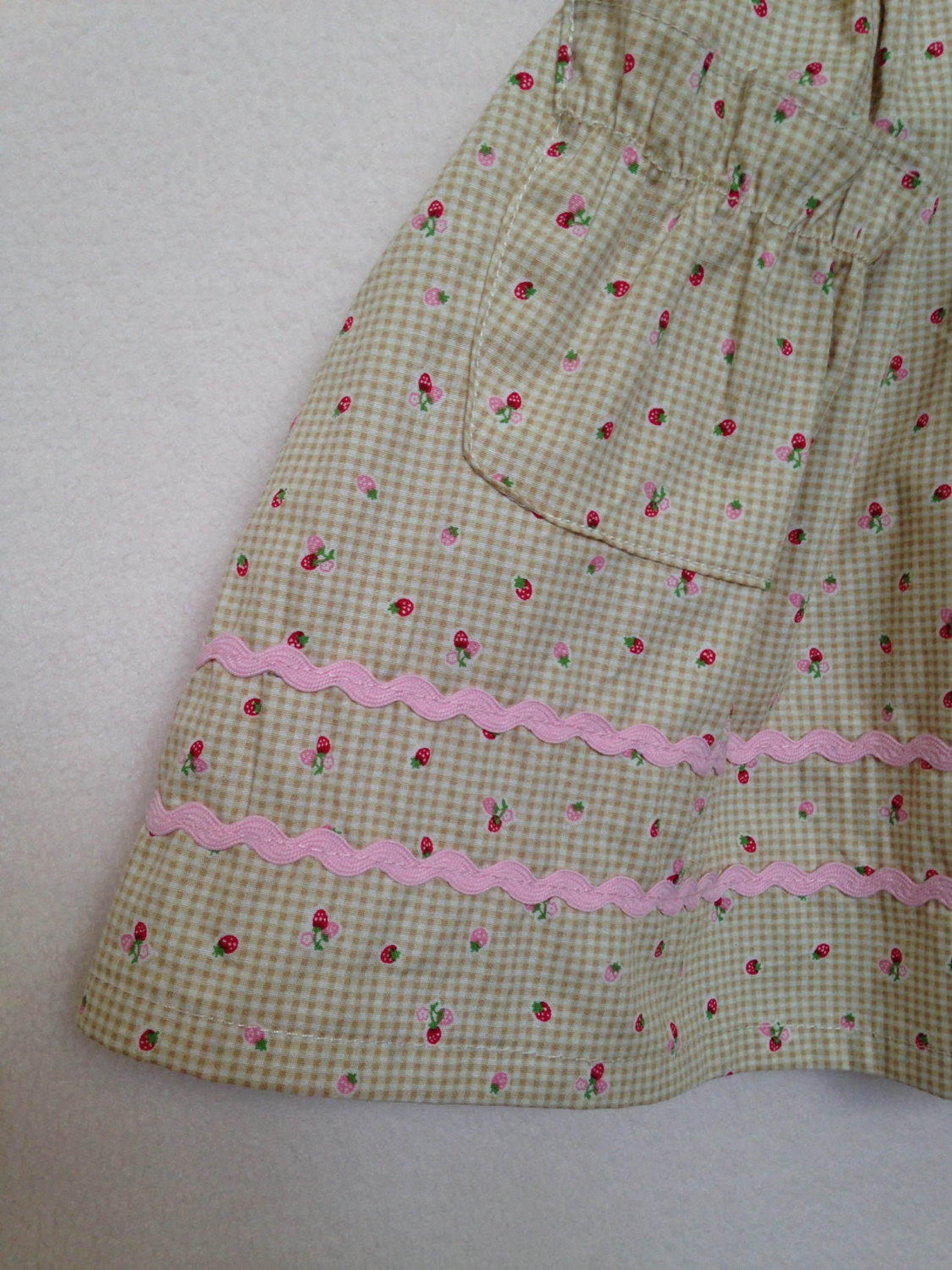 Handmade Traditional Pinafore Dress - Beige & Pink Strawberry Gingham ...