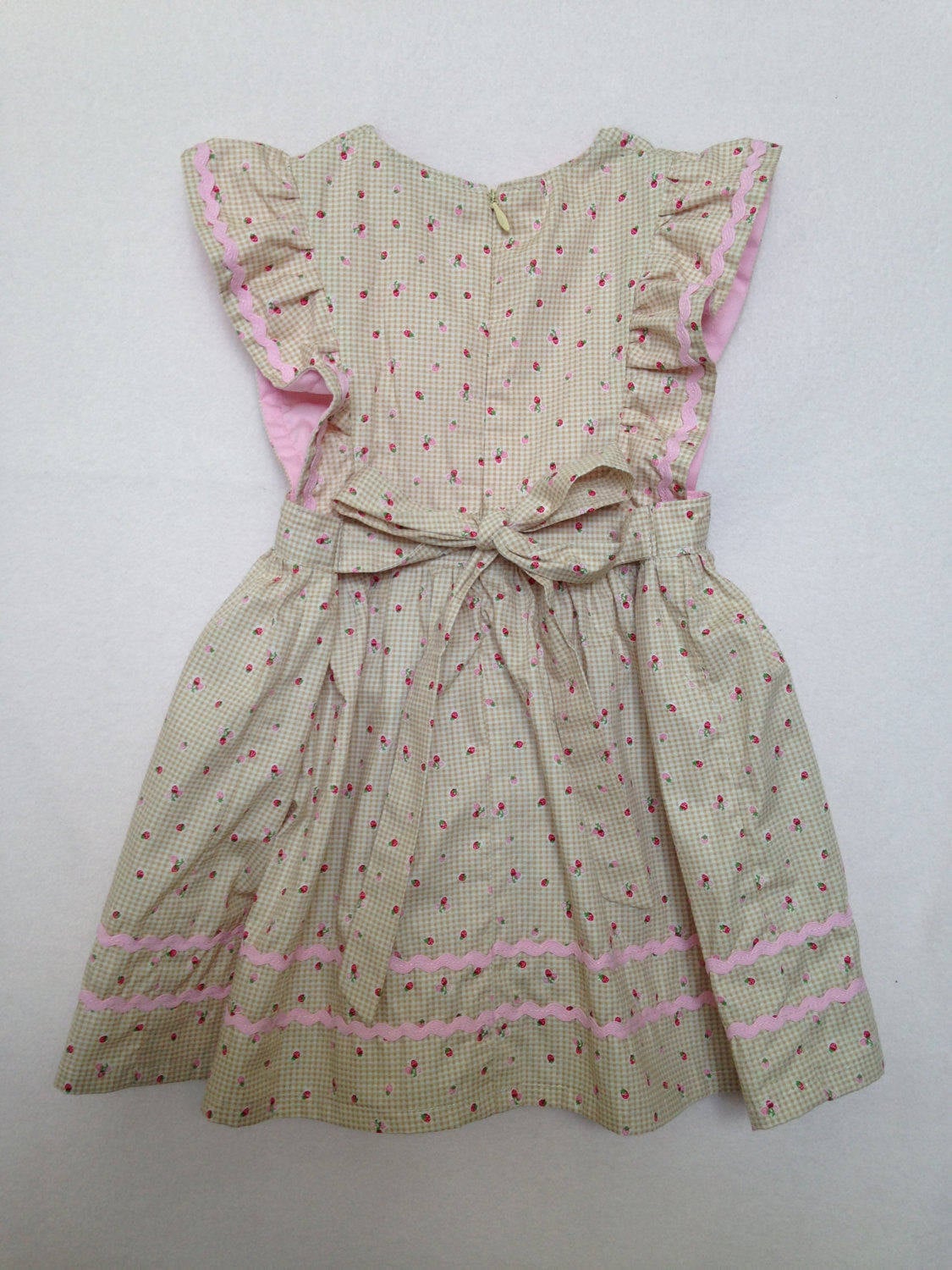 Handmade Traditional Pinafore Dress - Beige & Pink Strawberry Gingham ...