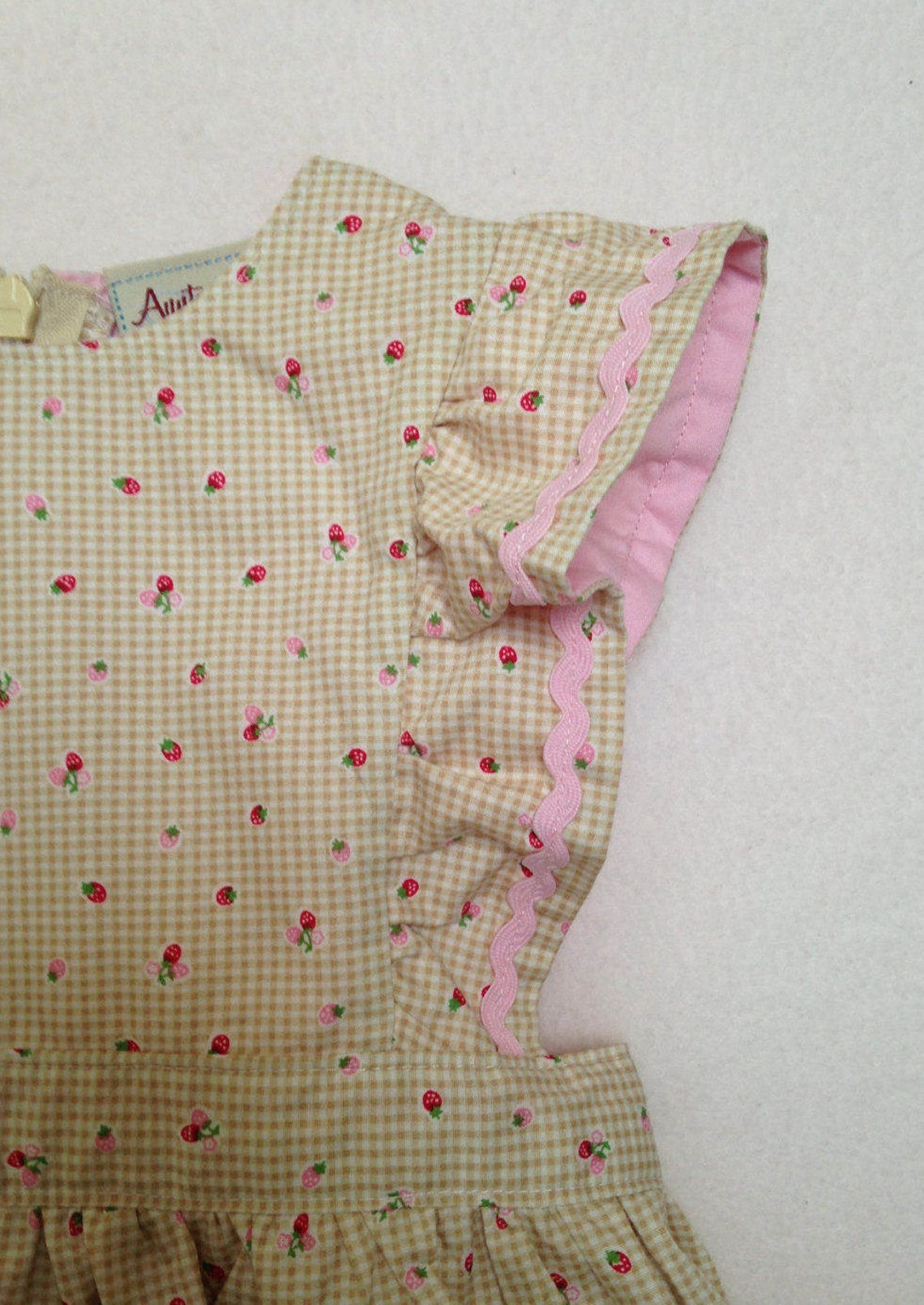 Handmade Traditional Pinafore Dress - Beige & Pink Strawberry Gingham ...