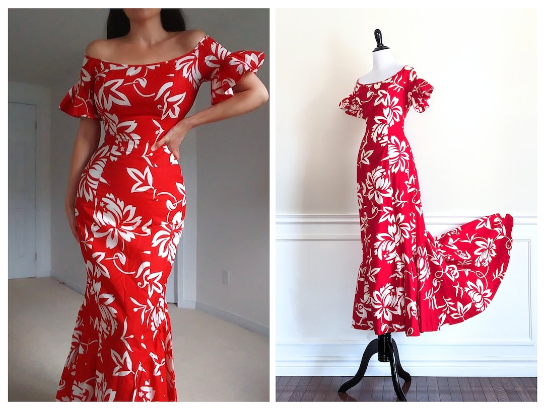 Vintage 1950s Shaheen Dress 50s Red Hawaiian Dress 50's Fish Tail ...