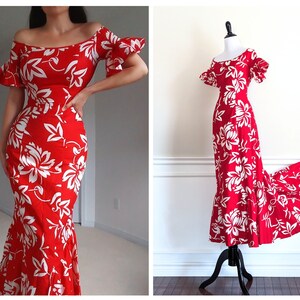Vintage 1950s Shaheen Dress 50s Red Hawaiian Dress 50's Fish Tail ...