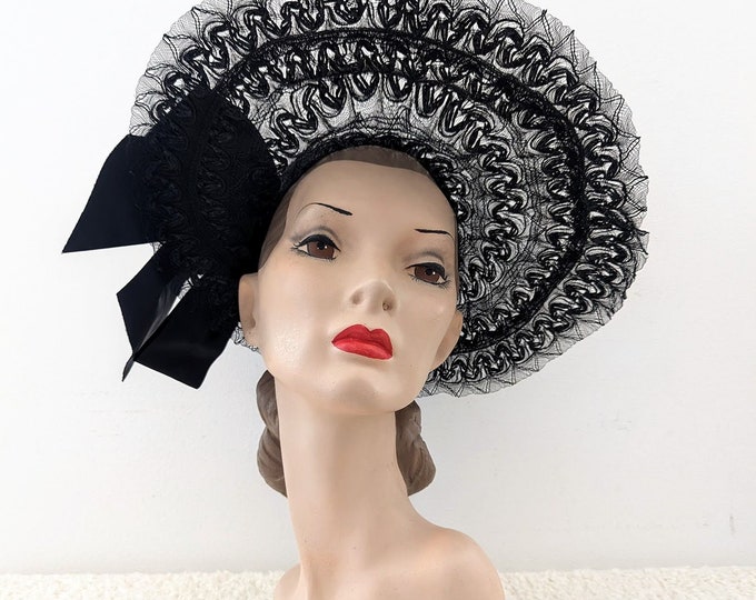 Vintage 1940s Horsehair Halo Hat 40s Black Wide Brim Hat 40's Hat - Etsy
