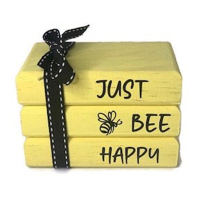 Bee Themed Mini Wooden Books, Just Be Happy Book Stack, Summer Decor ...