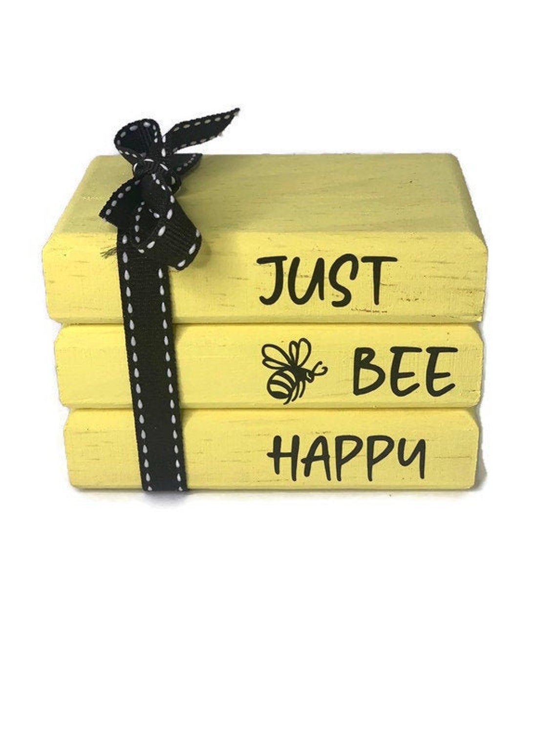 Bee Themed Mini Wooden Books, Just Be Happy Book Stack, Summer Decor ...