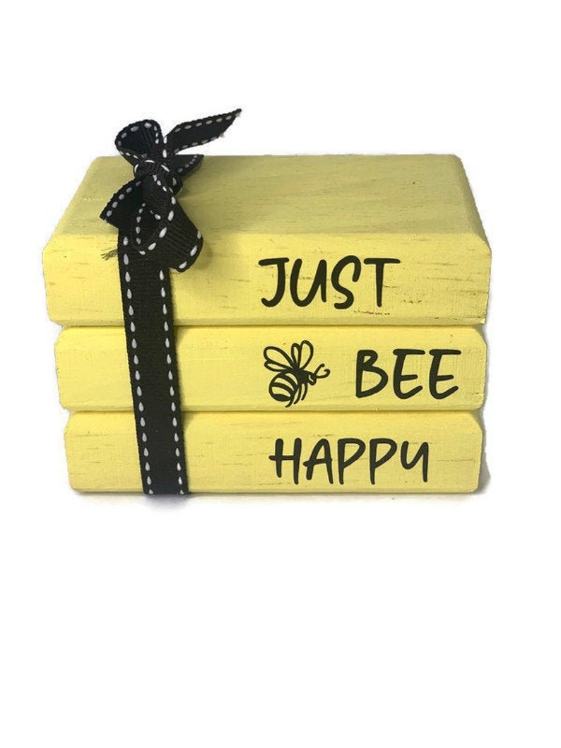Bee Themed Mini Wooden Books, Just Be Happy Book Stack, Summer Decor ...