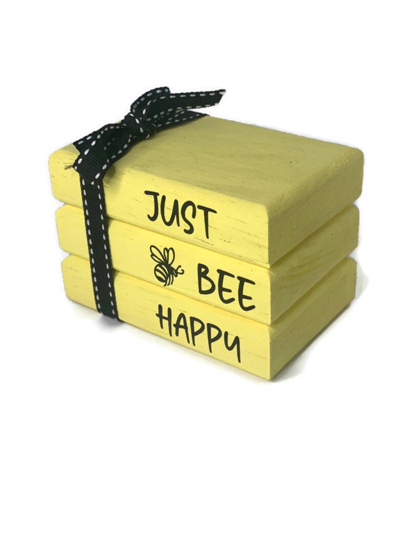 Bee Themed Mini Wooden Books, Just Be Happy Book Stack, Summer Decor ...