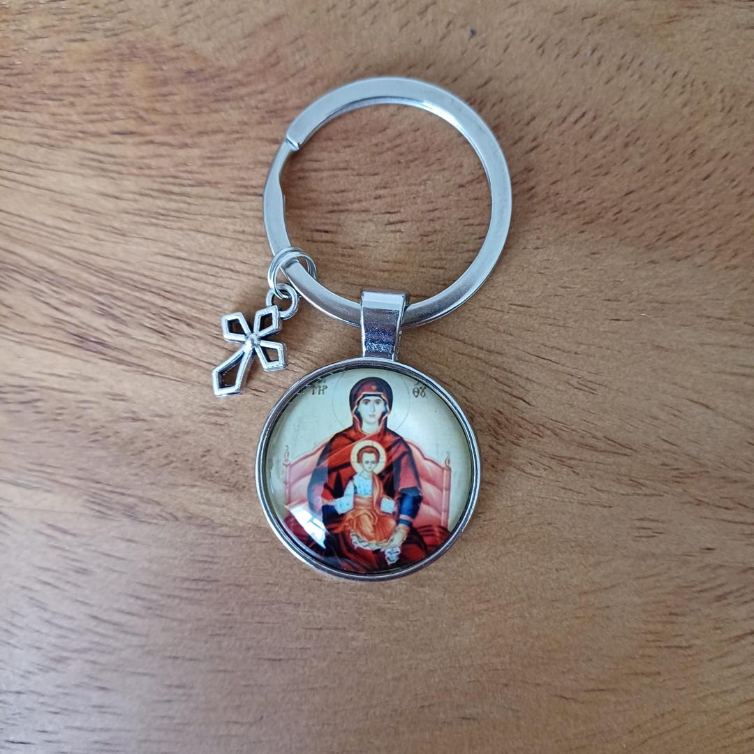 Virgin Mary and Jesus Keychain: Orthodox Christian Keyring With Cross ...