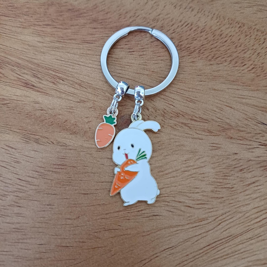 White Rabbit Keychain, Bunny Keyring, Carrot Key Fob, Animal Themed Key ...
