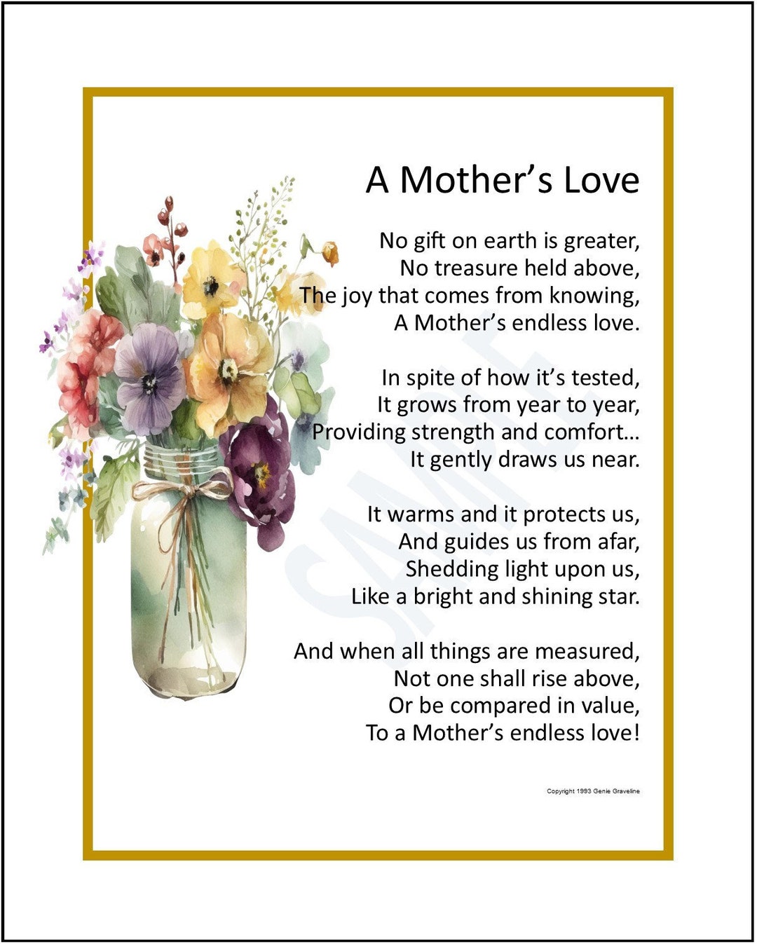 A Mother's Love, Mother Mom Poem Print Verse Saying Thank-you, DIGITAL ...