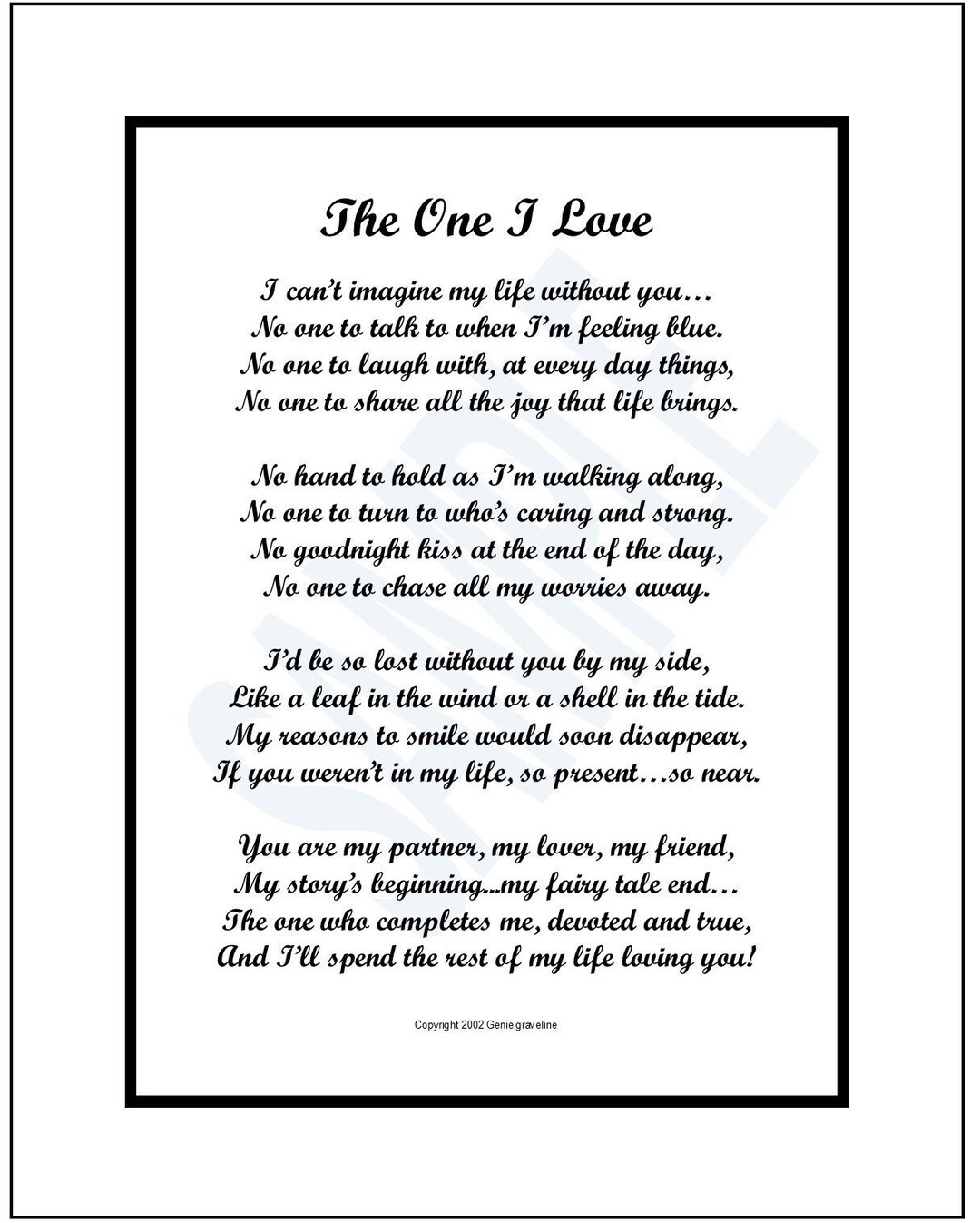 The One I Love DIGITAL DOWNLOAD Poem Verse Print Birthday Present For