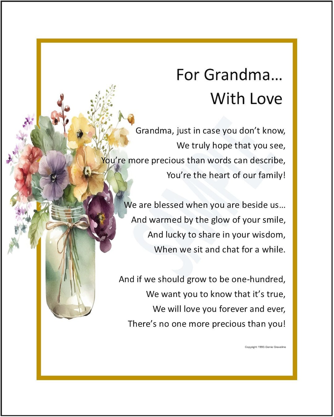 Grandma Grandmother Poem Print Verse Saying Gift Present Thank-you, DIGITAL DOWNLOAD, Grandma ...