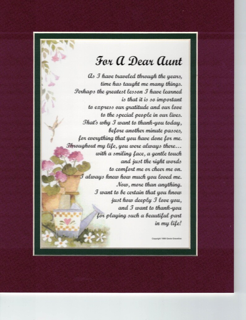 Aunt Poem Print Verse Aunts 60th 65th 70th 75th 80th | Etsy