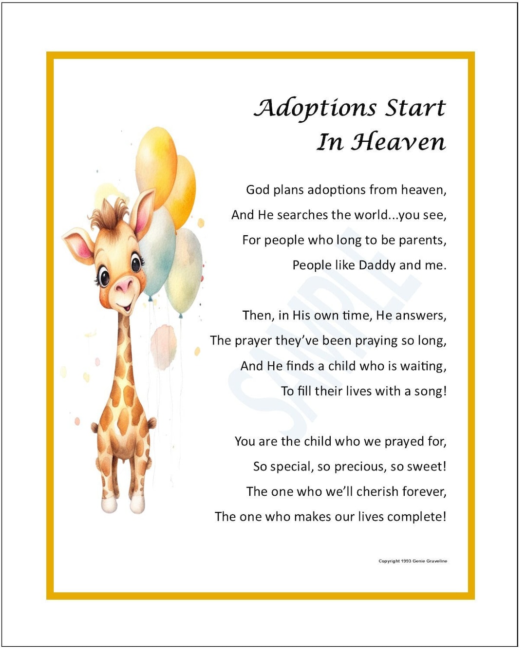 Adoption Poem Gift Print Verse Saying, Baby Shower Gift for Adopted ...