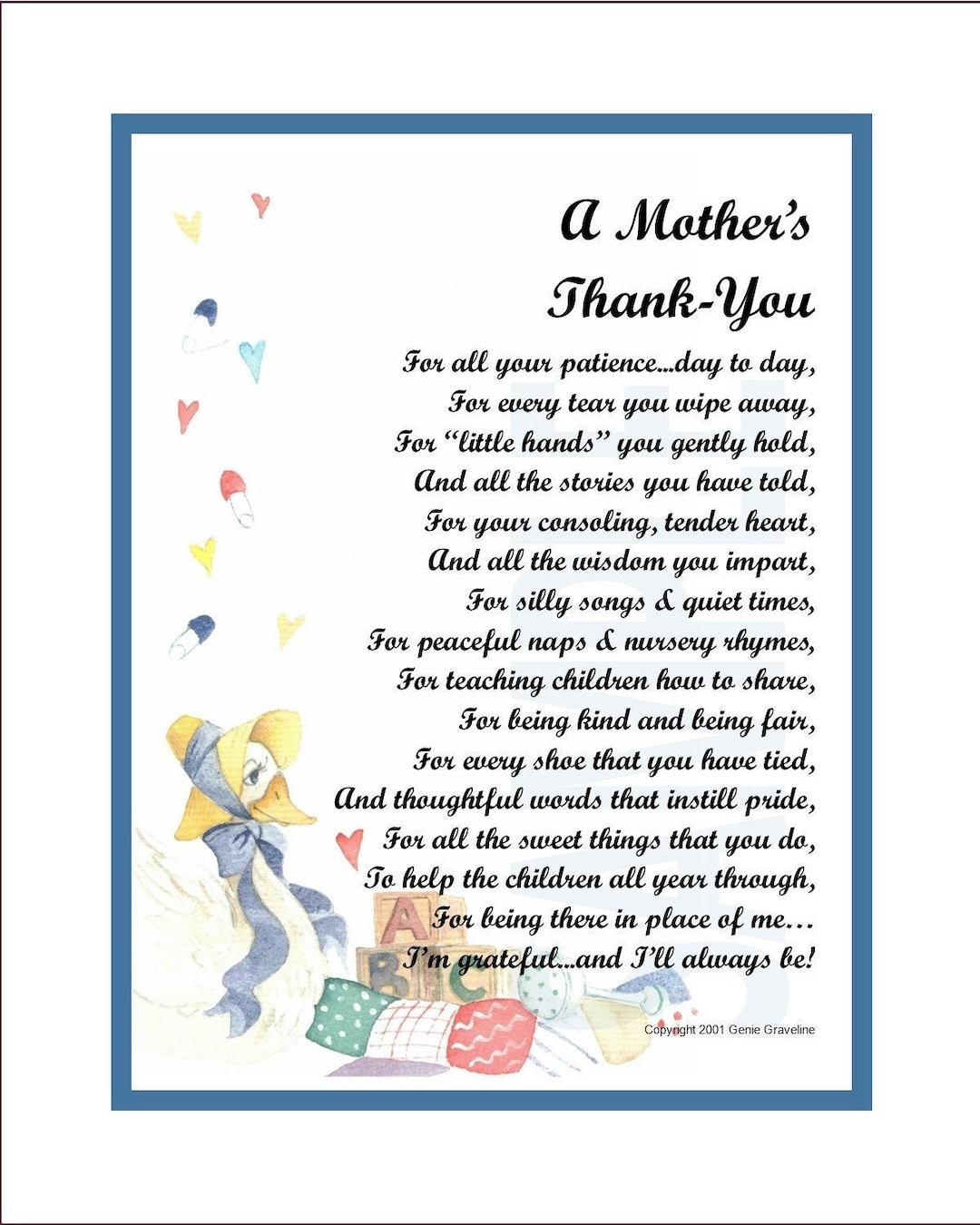 A Mother's Thank-you, DIGITAL DOWNLOAD, Nursery School Teacher Thank ...