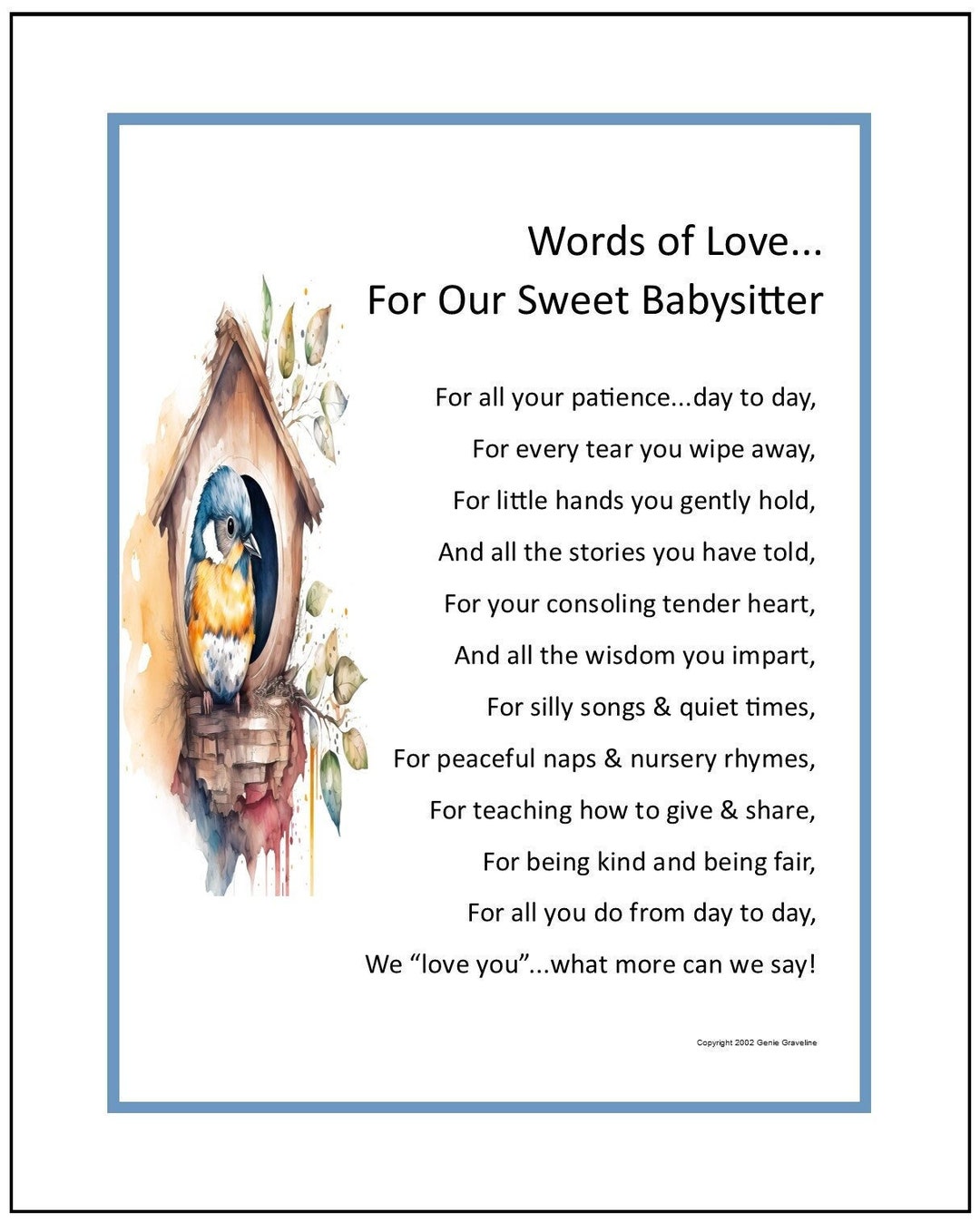Poem for Babysitter, Babysitter Daycare Provider Gift Present Poem ...